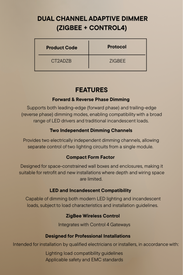 Dual Channel Adaptive Dimmer (Zigbee + Control4) – Confio Technologies